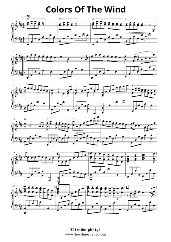 Sheet Piano Colors Of The Wind (Vanessa Williams) |File PDF